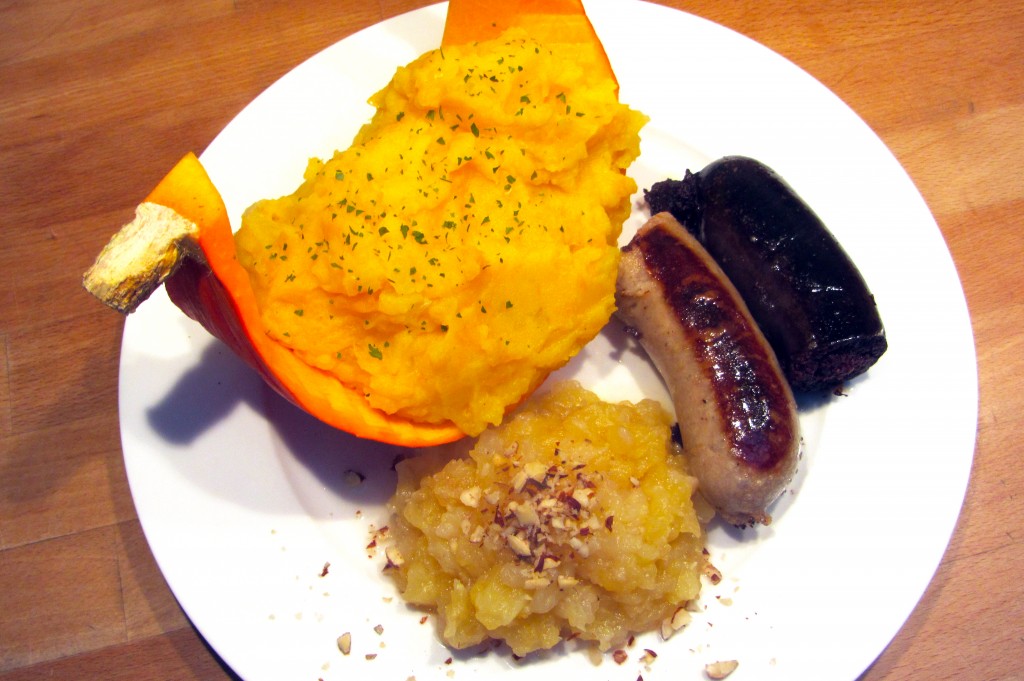 Pompoenpuree met herfstmoes en duo van pens