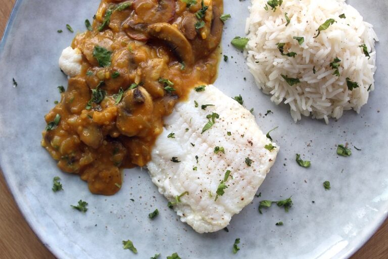 Zeewolf met kerriesaus en champignons (Colruyt)